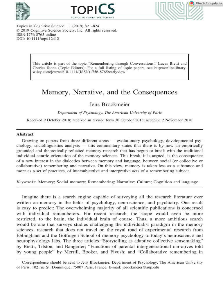 Brockmeier - 2019 Memory Narrative and The Consequences | PDF ...