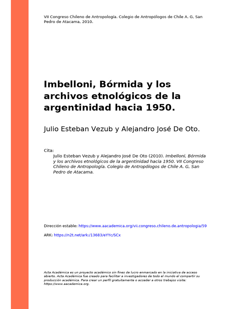 Julio Esteban Vezub y Alejandro JosÃ (...) (2010). Imbelloni, Bórmida y ...