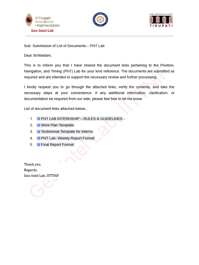 Submission of List of Documents – PNT Lab_IITTNiF (1) | PDF
