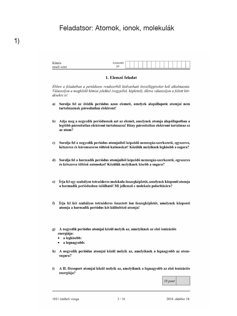 Feladatsor Atomok Ionok Molekulak (1) | PDF