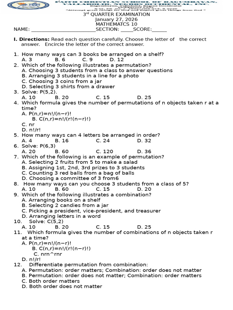 3rd Quarter Examination | PDF | Odds | Probability