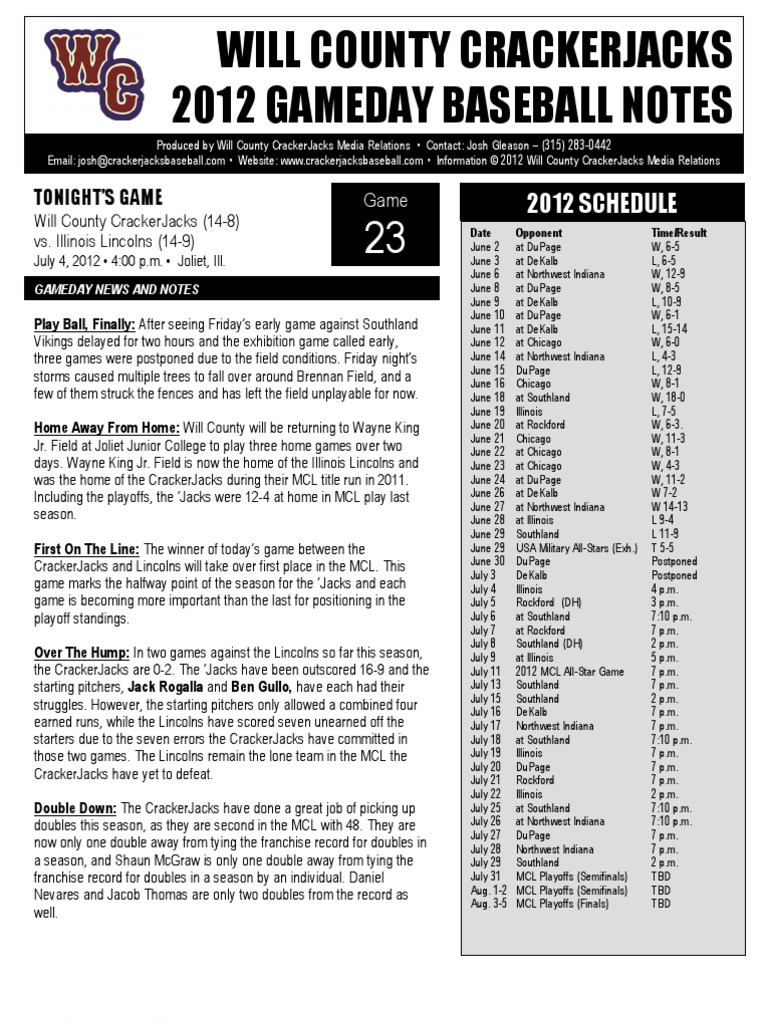 Will County Crackerjacks 2012 Gameday Baseball Notes: 2012 Schedule ...