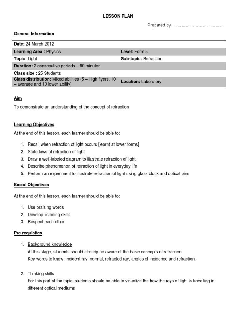 Lesson Plan | Download Free PDF | Refraction | Optics