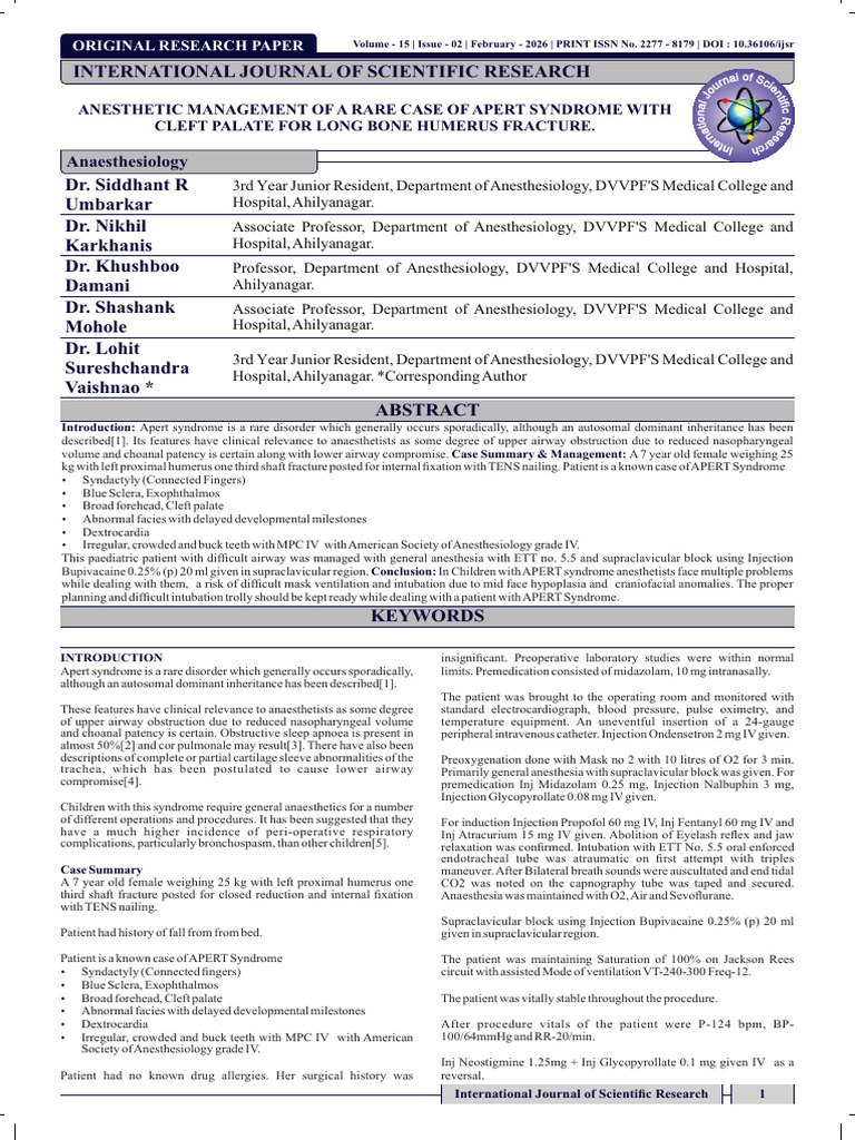 Anesthetic Management of a Rare Case of Apert Syndrome With Cleft ...
