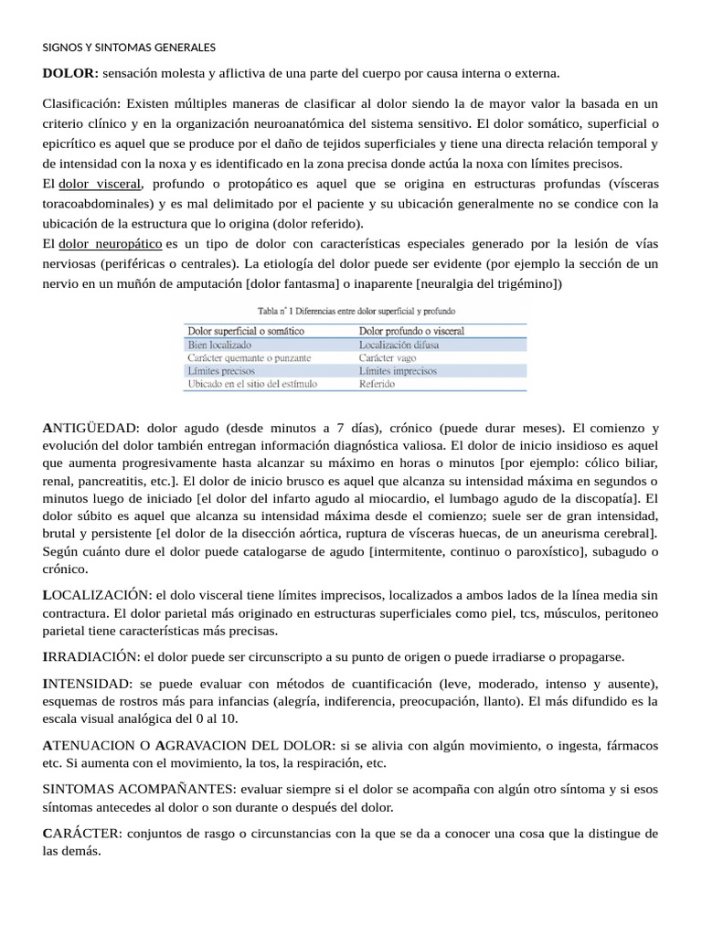 Signos y Sintomas Generales | PDF | Dolor | Síntomas y signos