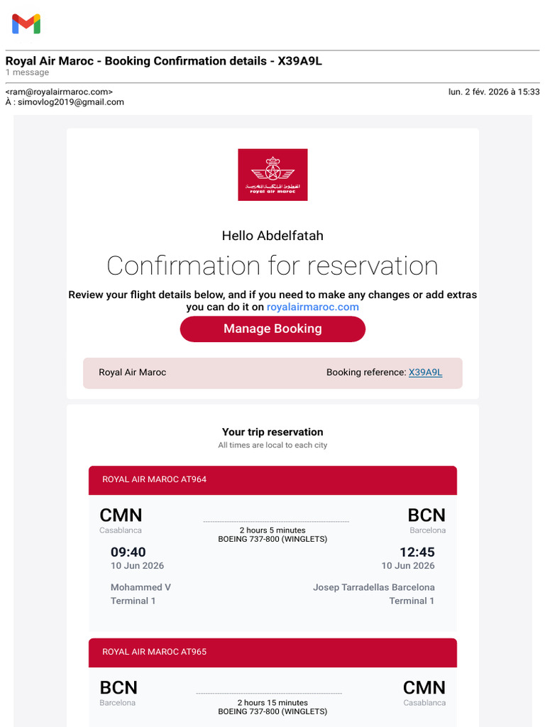 Gmail - Royal Air Maroc - Booking Confirmation Details - X39A9L | PDF ...