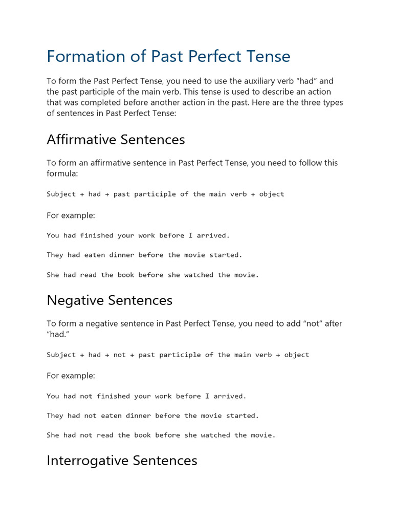 Formation of Past Perfect Tense GG | PDF