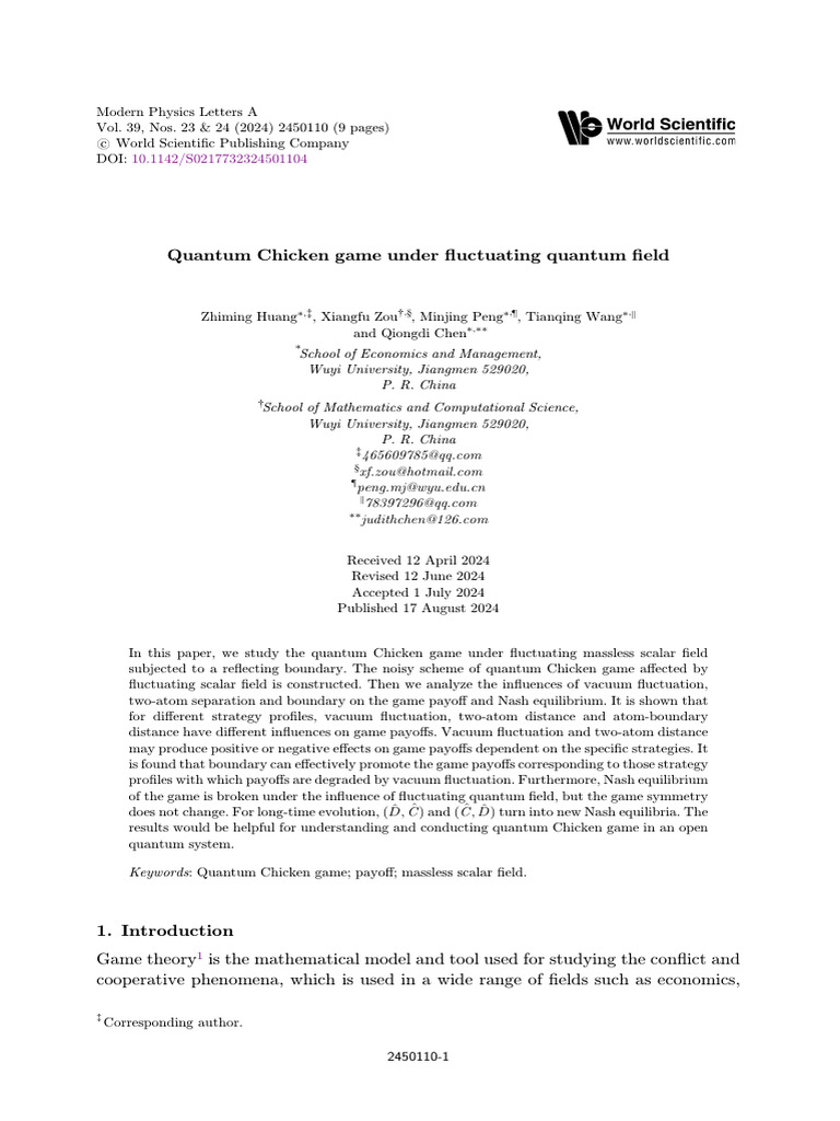 Quantum Chicken Game Under Fluctuating Quantum Field | PDF | Game ...