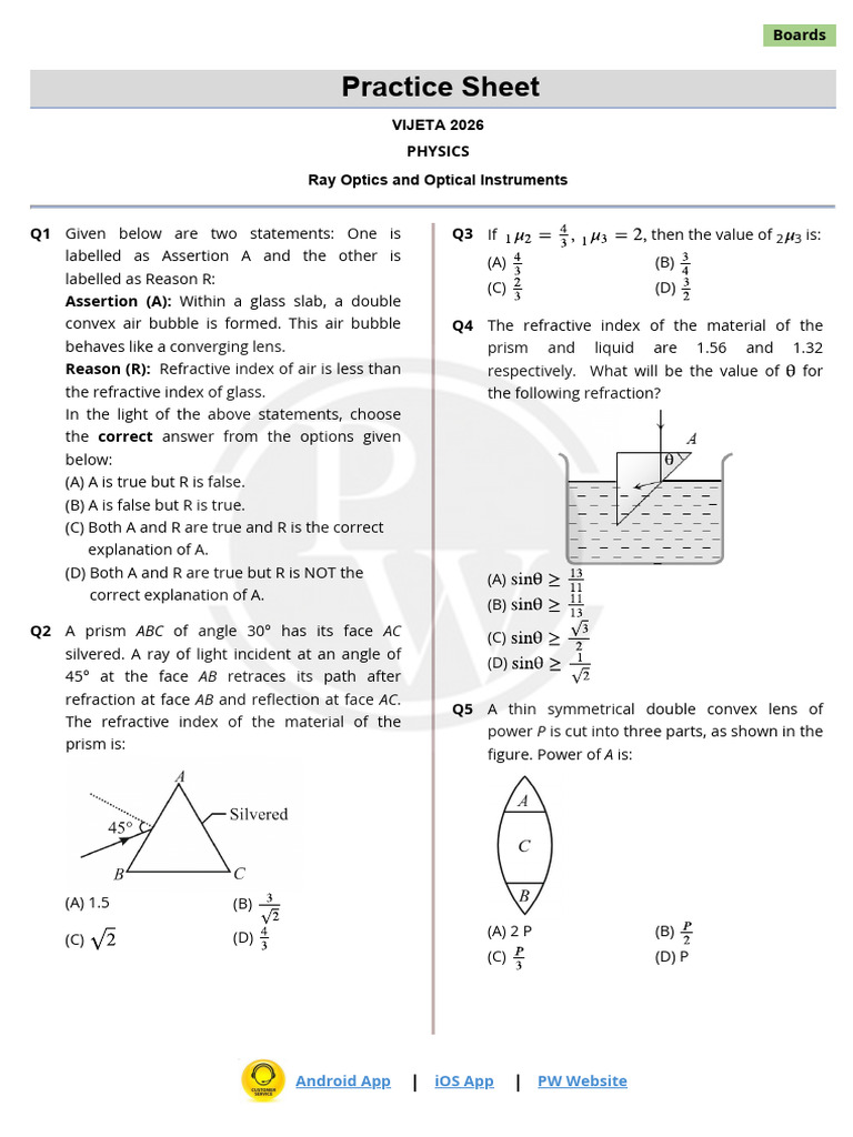 Ray Optics and Optical Instruments Practice Sheet | PDF | Optics ...