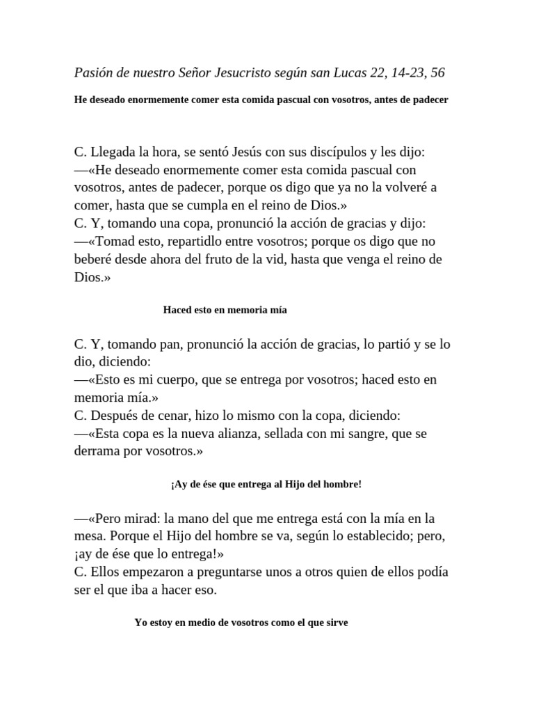 Pasión de Nuestro Señor Jesucristo Según San Lucas 22 | PDF | Jesús ...