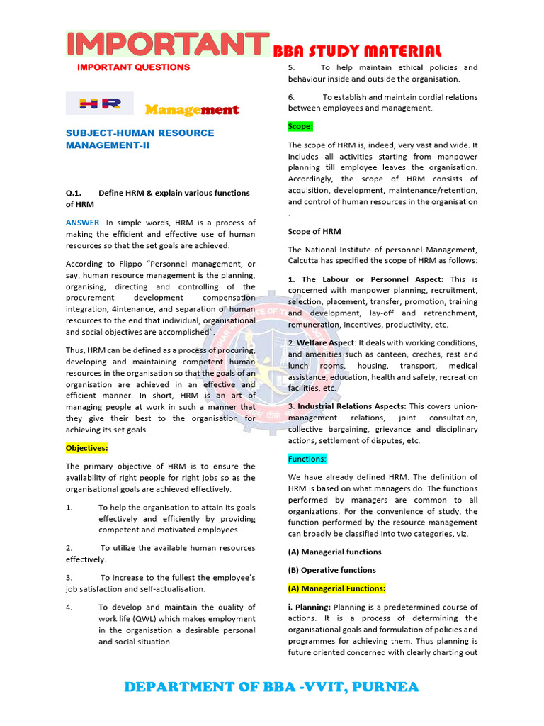 15 Important Questions With Answer Sub-hrm-II (2024) | PDF | Human ...
