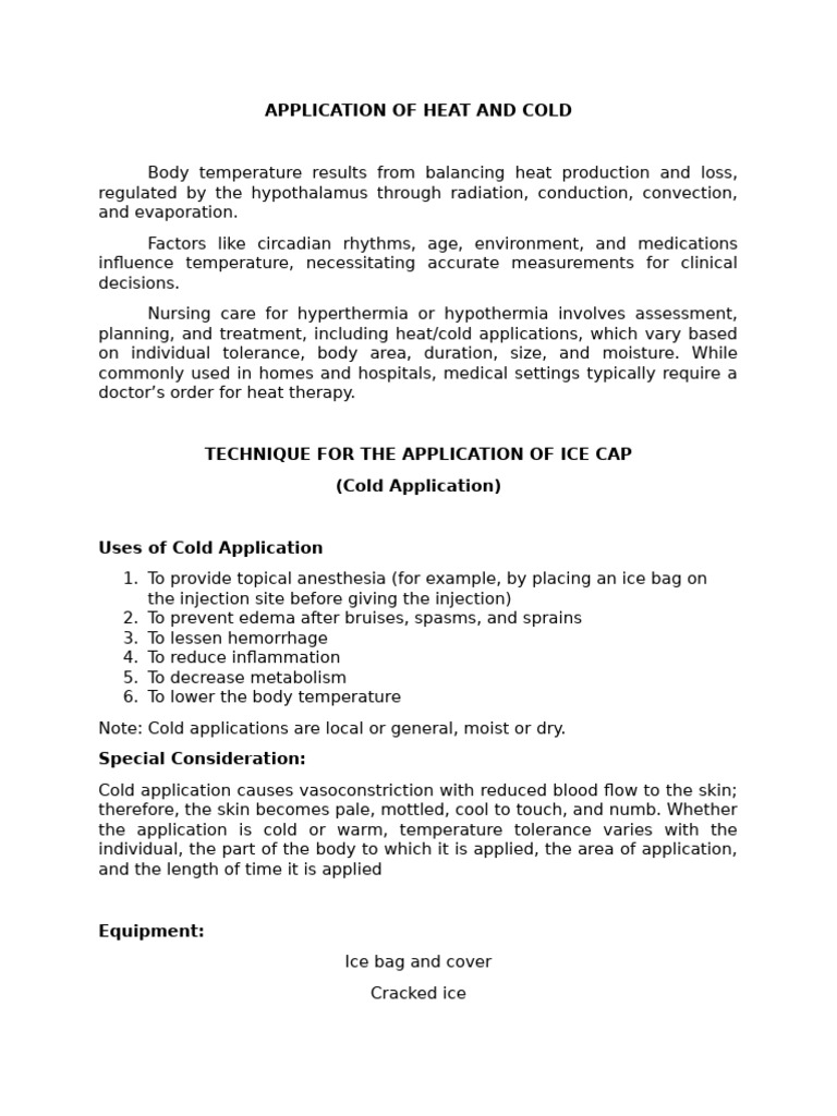 Application of Heat and Cold Revised | PDF | Thermoregulation | Bed
