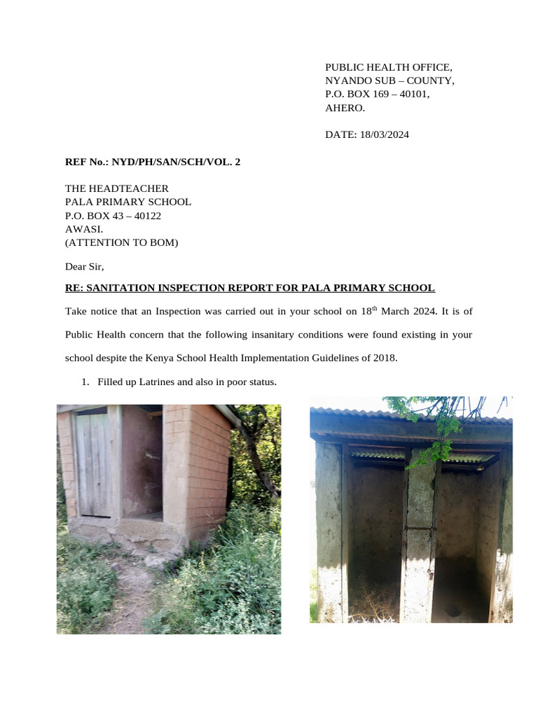 Sanitary Inspection Report | PDF | Sanitation | Hygiene