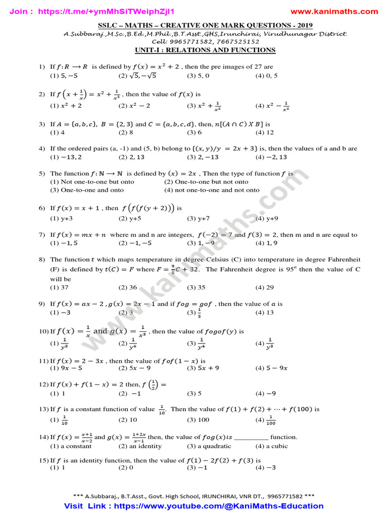 Kani Maths 10th Maths Em Creative One Mark Question With Answer Key Www ...