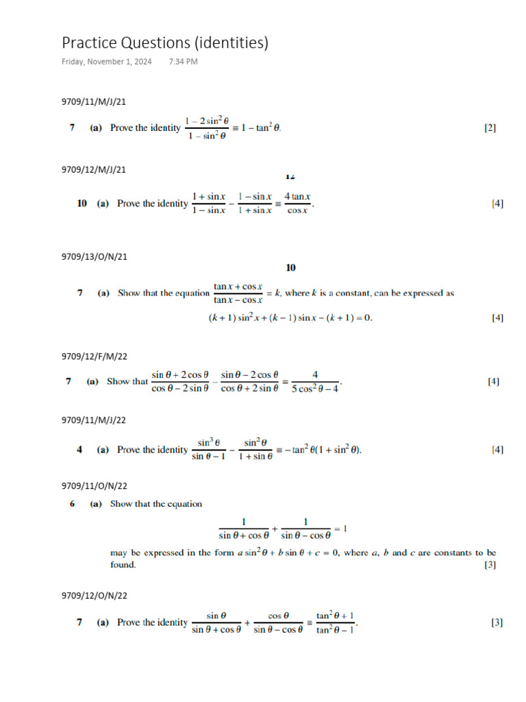 Practice Questions (Identities) | PDF