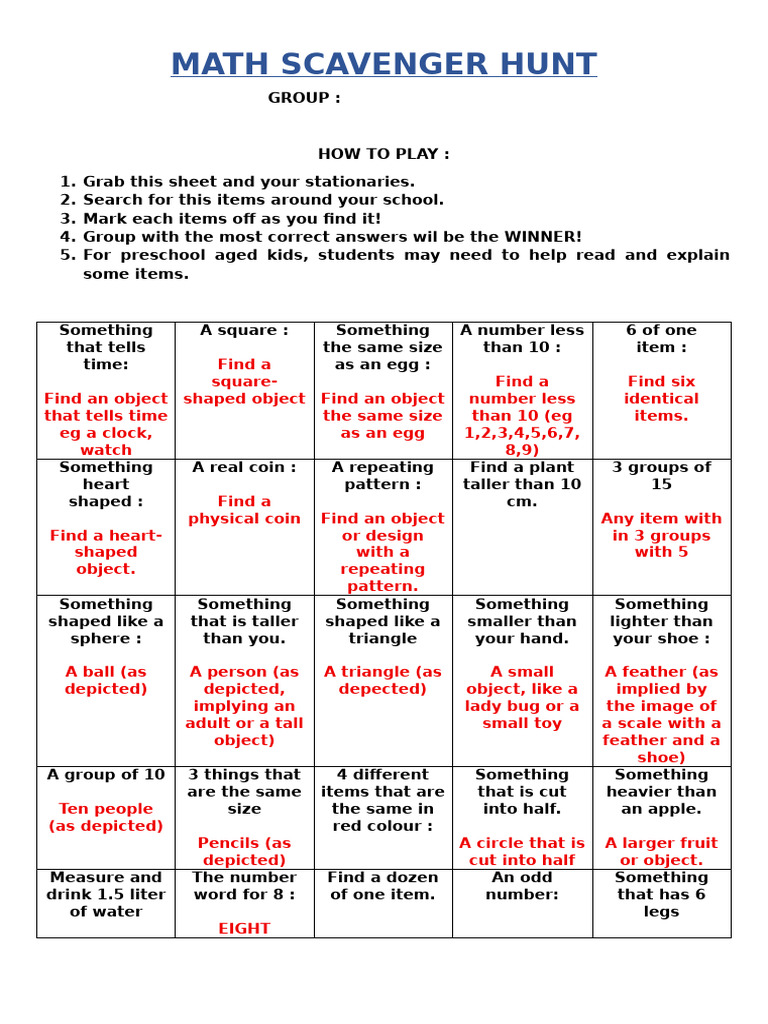 Math Scavenger Hunt | PDF