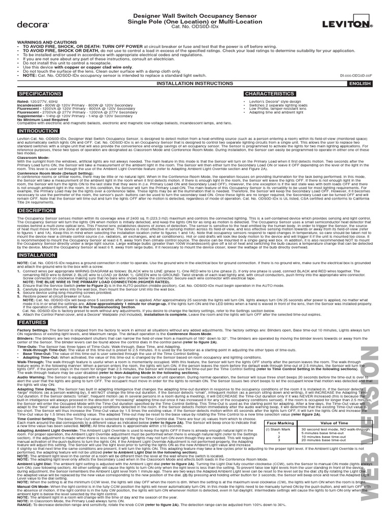 Designer Wall Switch Occupancy Sensor ODS0D IDX English Instruction ...