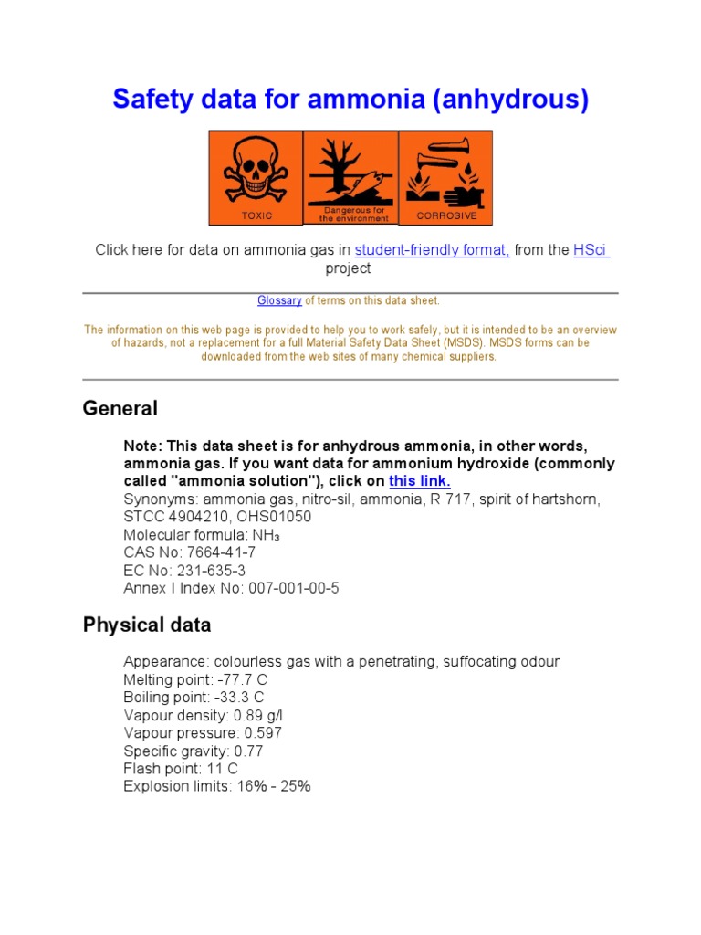 Primer MSDS Safety Data For Ammonia | PDF | Ammonia | Oxygen