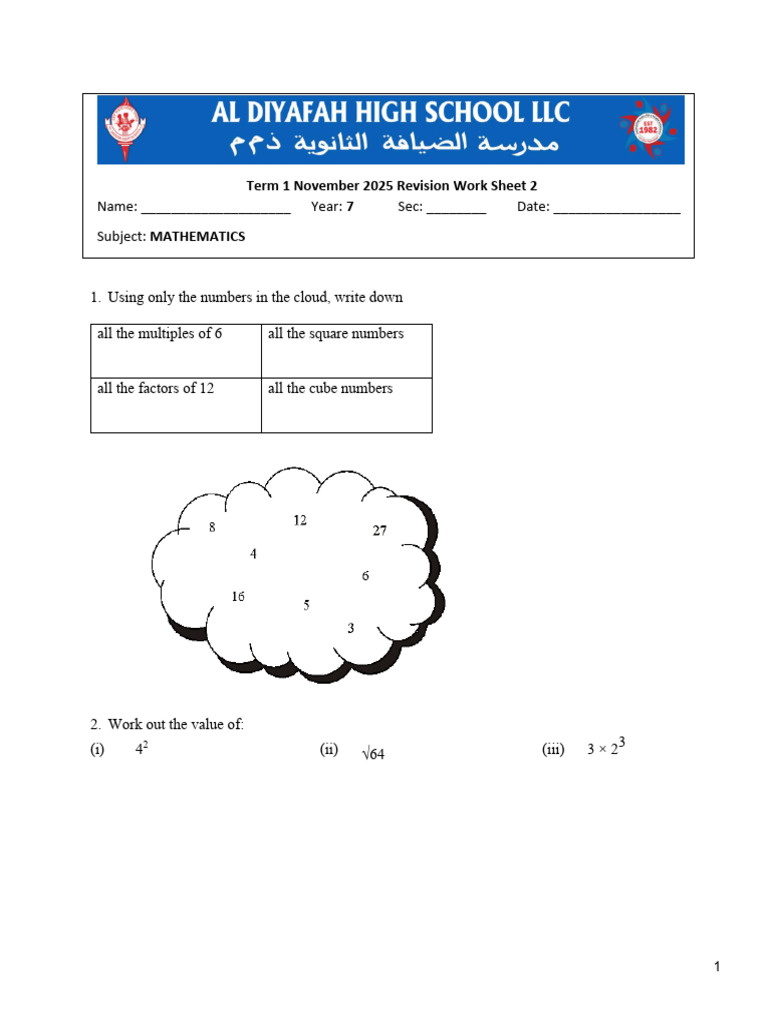Yr7 2nd Revision Worksheet Term 1 - Nov 2025 | PDF | Chess Openings | Chess