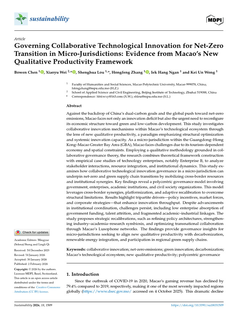 Sustainability 18 01509 | PDF | Governance | Innovation