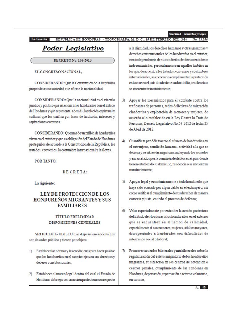 Ley de Proteccion de los Hondureños Migrantes y sus Familiares XX | PDF