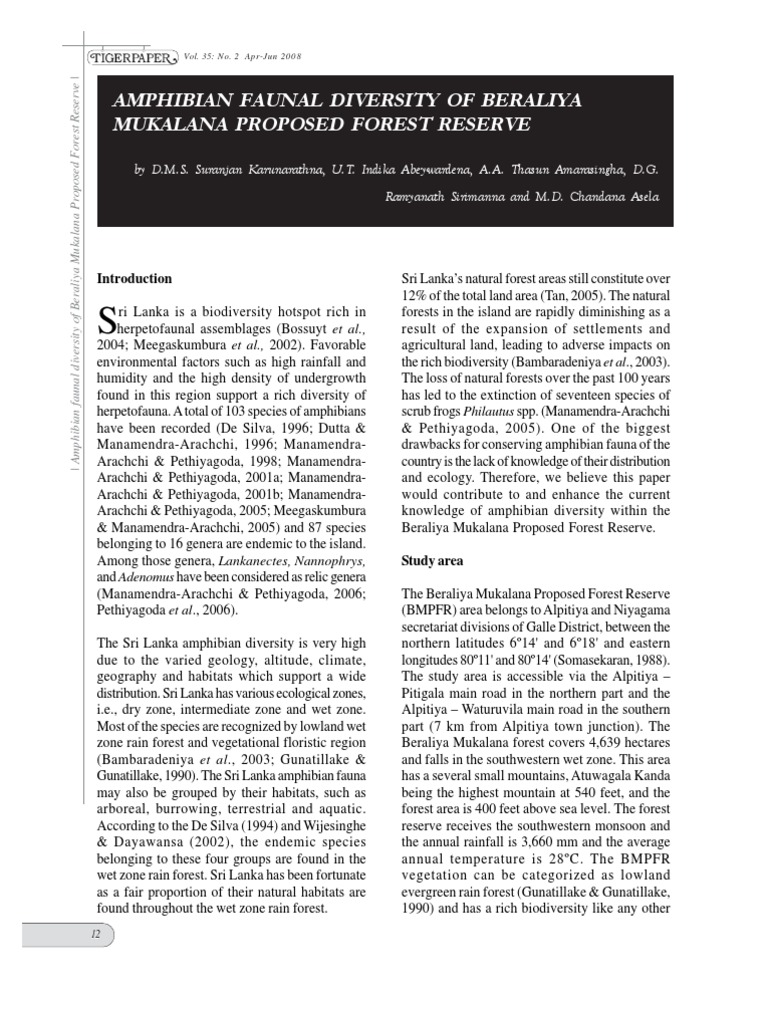 Amphibians Diversity of Beraliya Mukalana Forest (Sri Lanka) | PDF ...