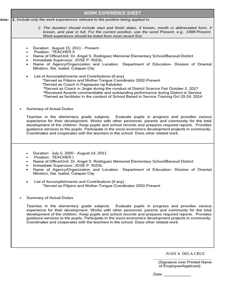 WORK-EXPERIENCE-SHEET.-sample | PDF | Teachers