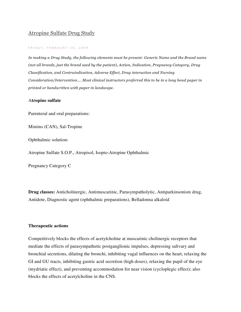 Atropine Sulfate Drug Study | PDF | Diseases And Disorders | Drugs