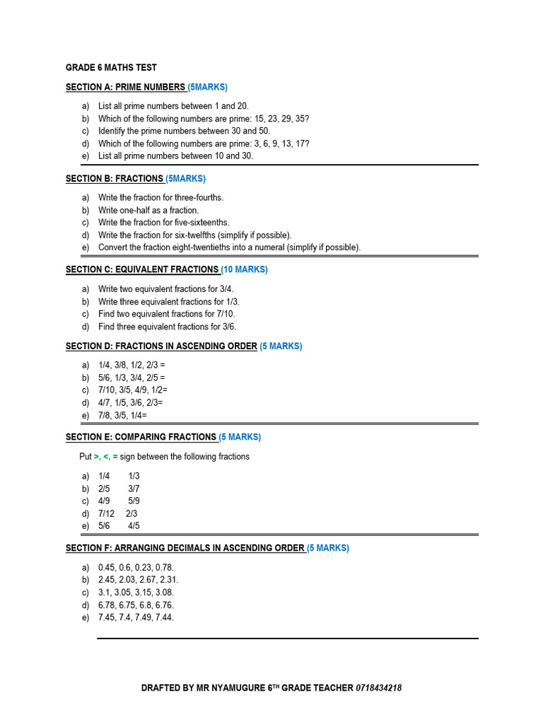 Grade 6 Maths Test 2 | PDF | Division (Mathematics) | Algebra