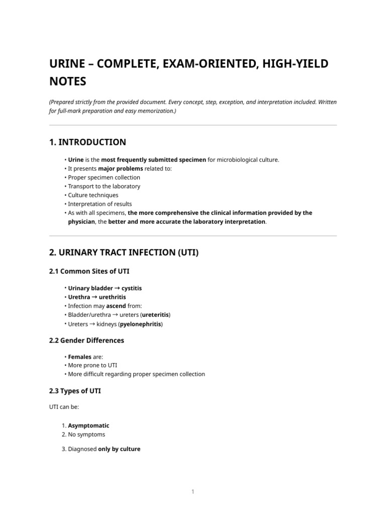 Urine Specimen – Complete Exam-Oriented Notes (No Detail Missed) | PDF ...