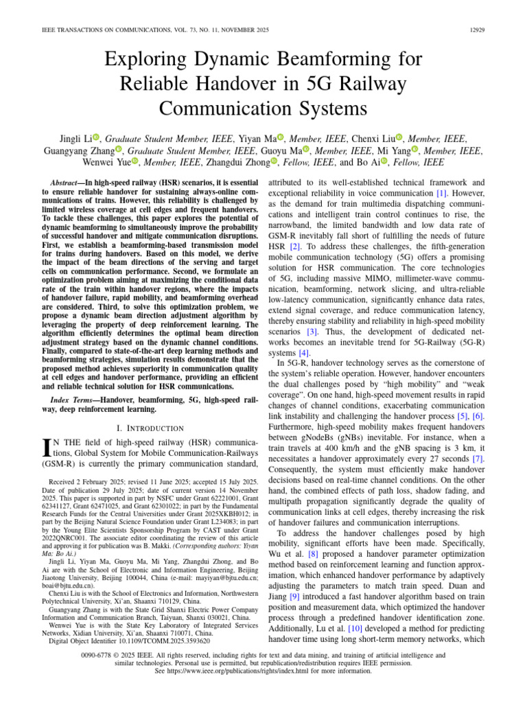 Exploring Dynamic Beamforming For Reliable Handover in 5G Railway ...