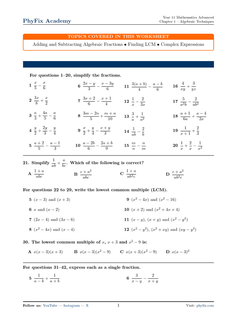 PhyFix Academy Year 11 Mathematics Advanced Chapter 1 – Algebraic ...