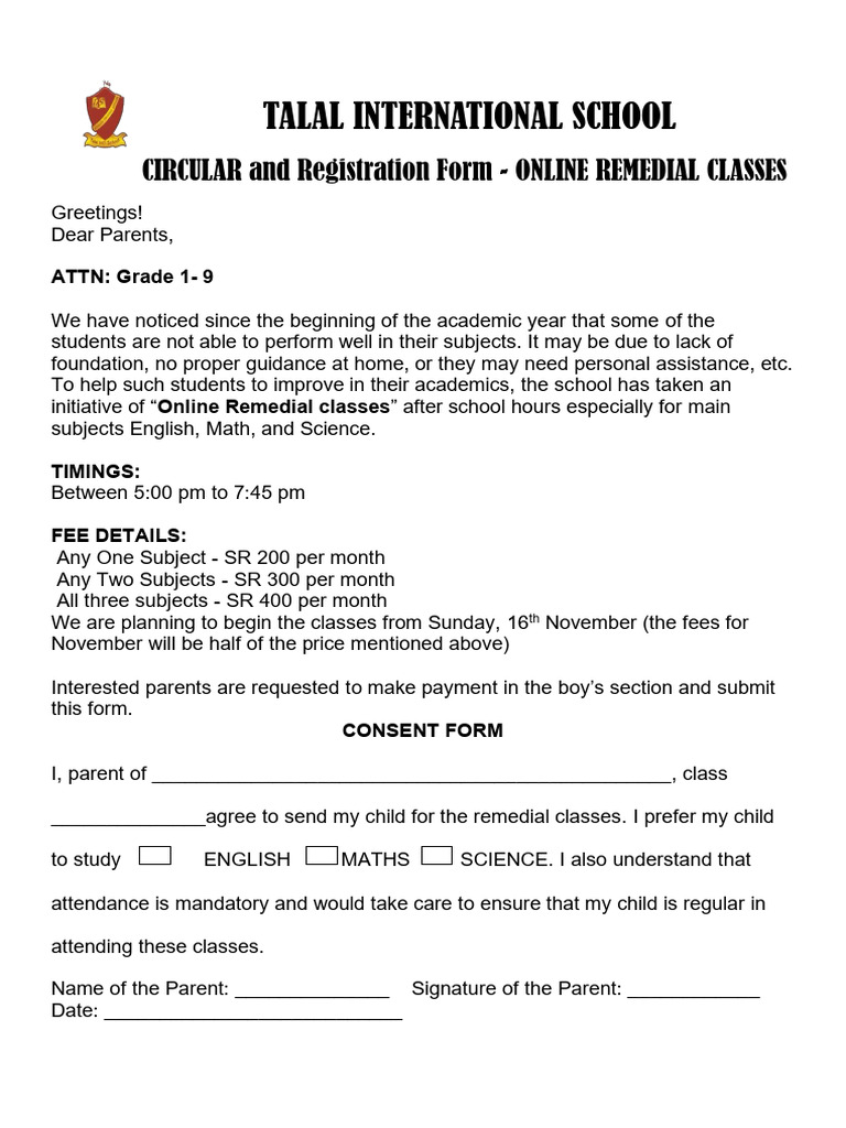 Remedial Class Resigration Form 2025-26 Copy | PDF