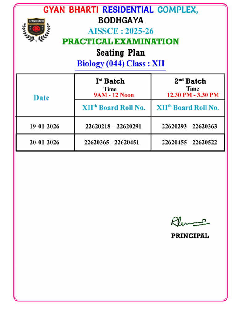 Biology Practical Examination 2025-26 (Seating Plan) Class XII | PDF