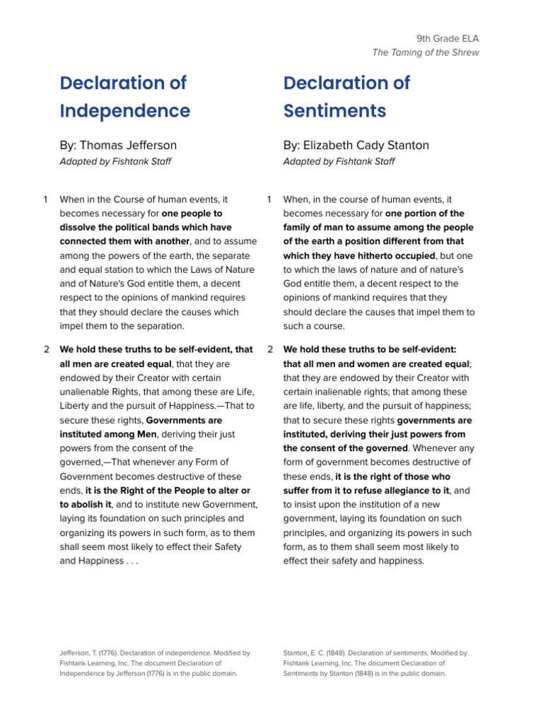 Excerpts From the Declaration of Independence and the Declaration of ...
