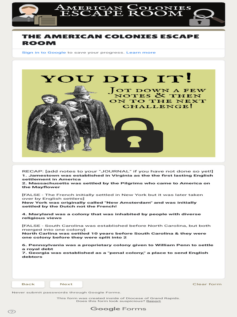 The American Colonies Escape Room | PDF