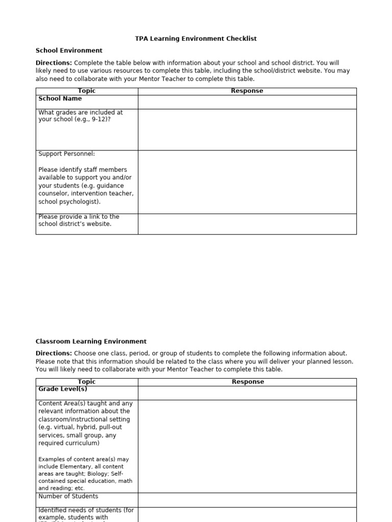 Learning Environment Checklist | PDF