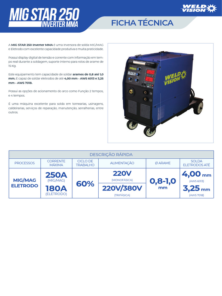 Ficha Tecnica MIG STAR 250 Inverter MMA Rev03 12-2-251106 115425 | PDF ...