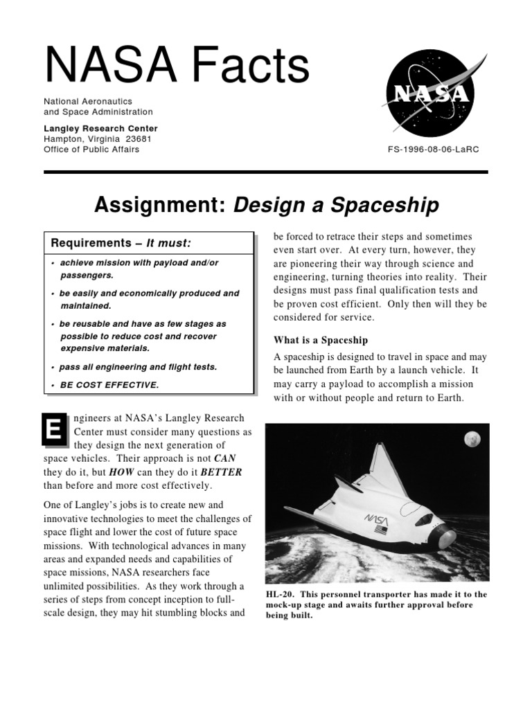 NASA Facts: Assignment: Design A Spaceship | PDF | Spacecraft | Langley ...