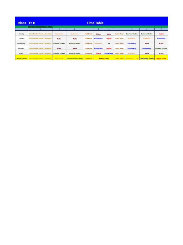 Class-12 B Time Table: All Classes On Saturday Are Online | PDF