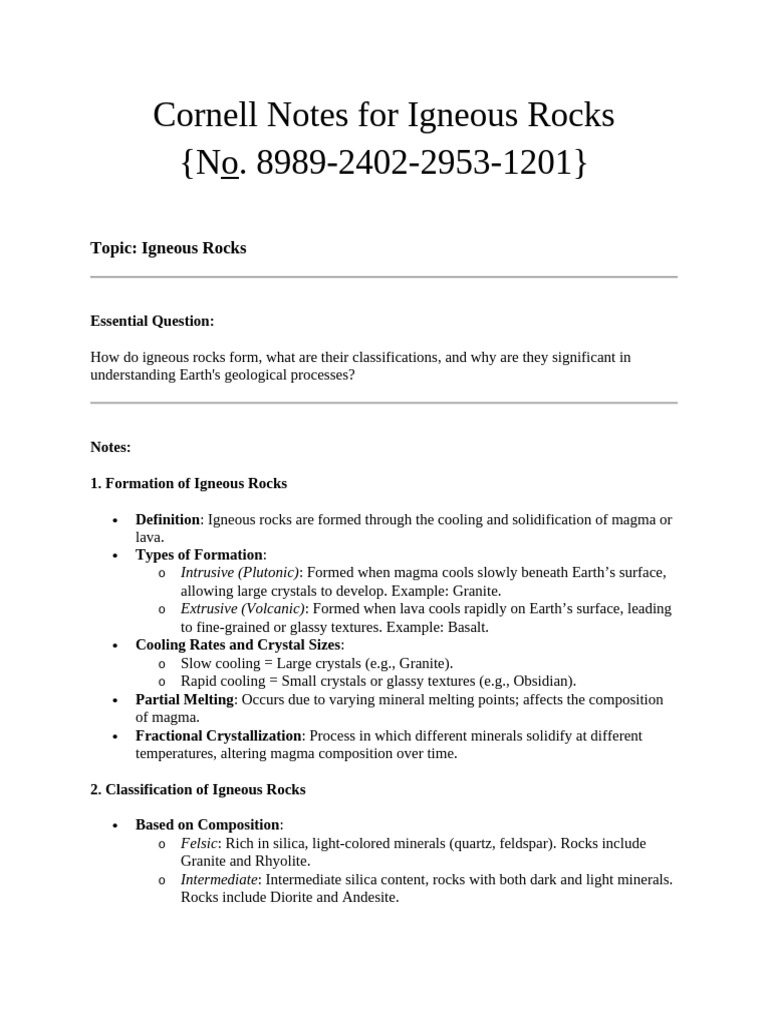 Cornell Notes for Igneous Rocks | PDF | Igneous Rock | Magma