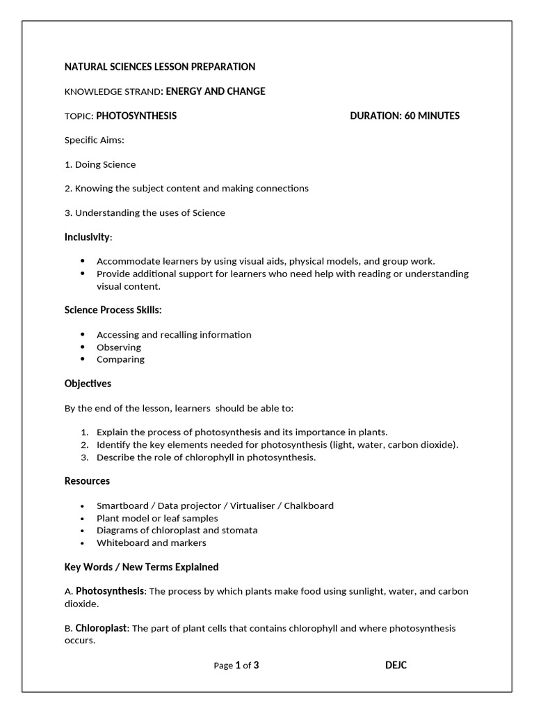 Grade 8 Natural Sciences Photosynthesis Lesson Plan | PDF ...