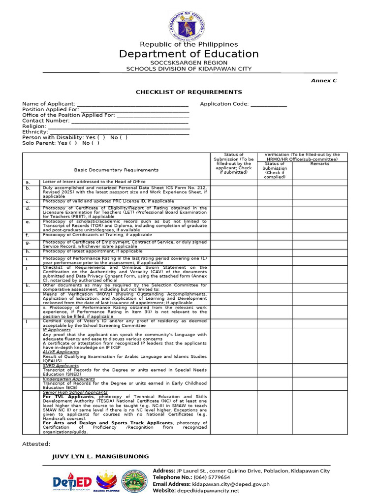 Checklist of Requirements Annex for t1 Applicants | PDF