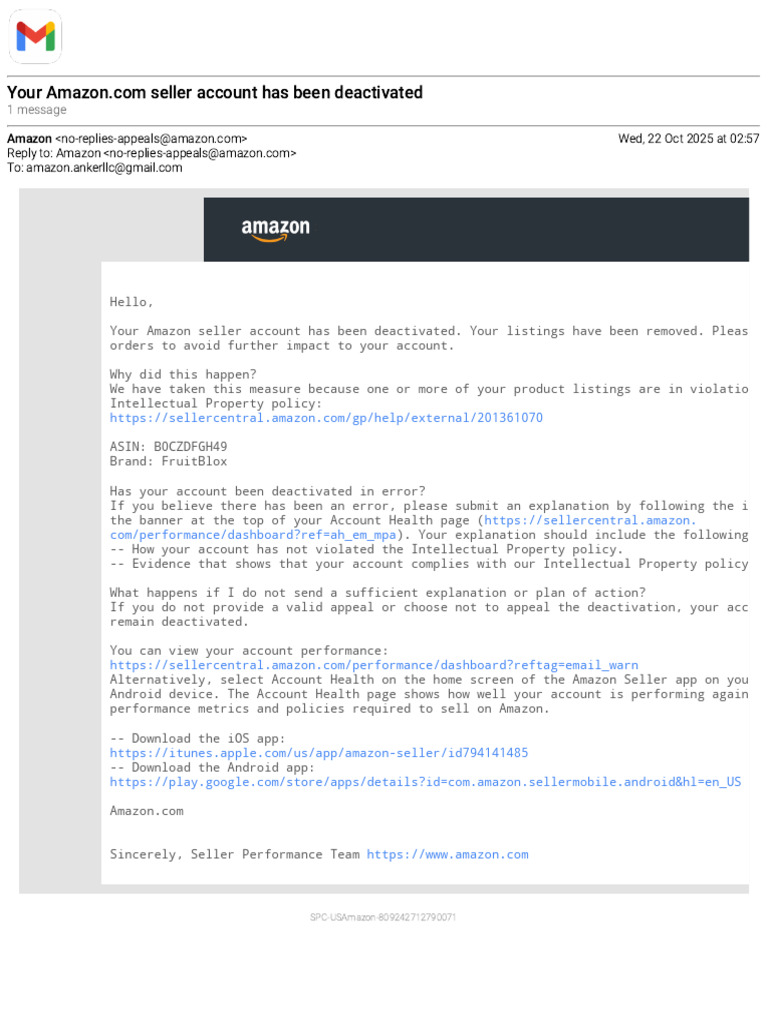 Gmail - Your Amazon.com Seller Account Has Been Deactivated (1) | PDF