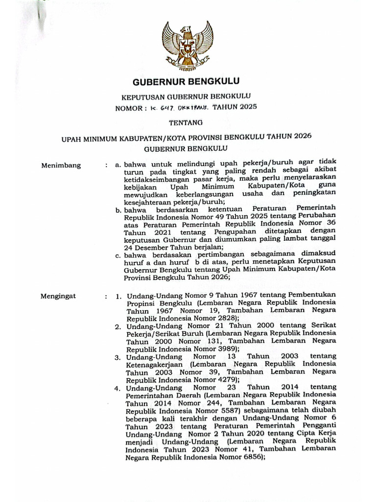 SK UMK Provinsi Bengkulu Tahun 2026 | PDF