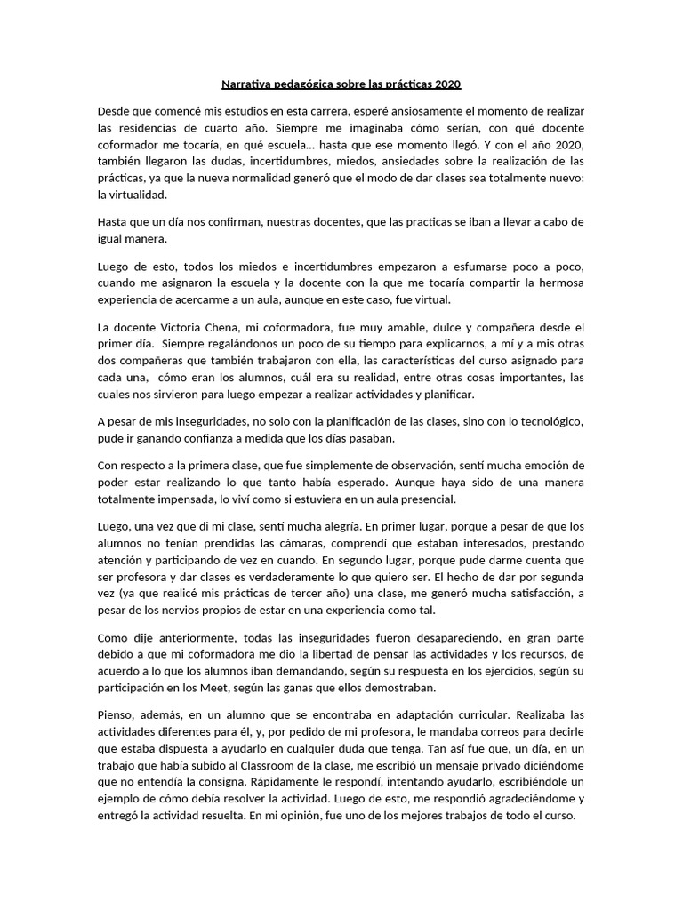 Narrativa pedagógica sobre las prácticas 2020 | PDF | Enseñando | Maestros