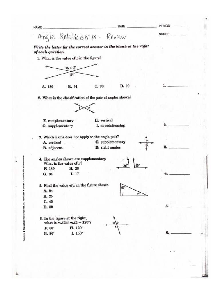 Angle Relationships Review | PDF