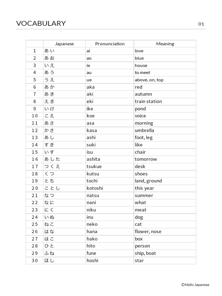 Hiragana Vocabulary List | PDF