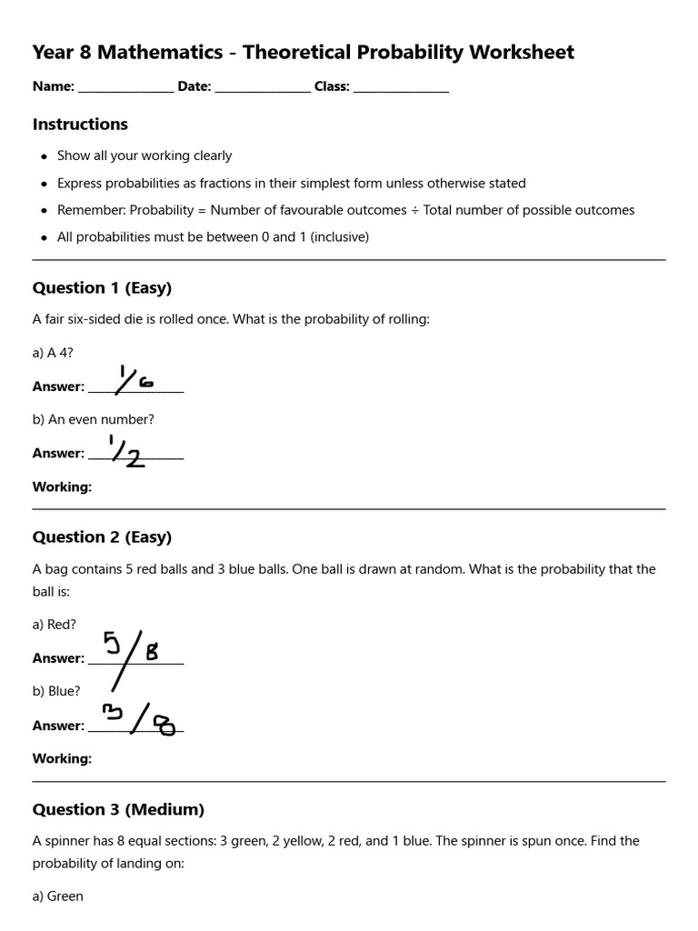 Year 8 Theoretical Probability Worksheet | PDF | Probability ...