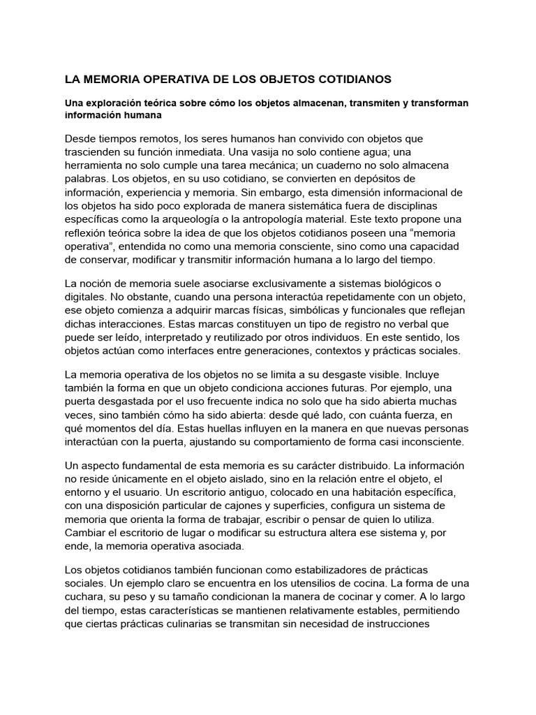 La Memoria Operativa de Los Objetos Cotidianos | PDF | Memoria ...